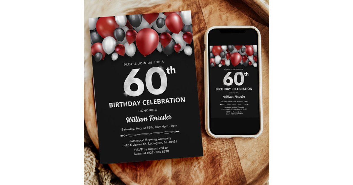 Black Red Silver & White 60th Birthday Invitation | Zazzle