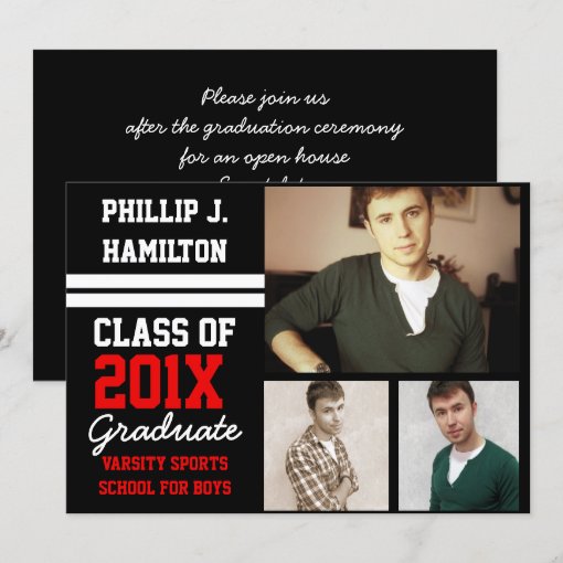 Black/Red Sporty Boys 3 Photo Graduation Invitation | Zazzle
