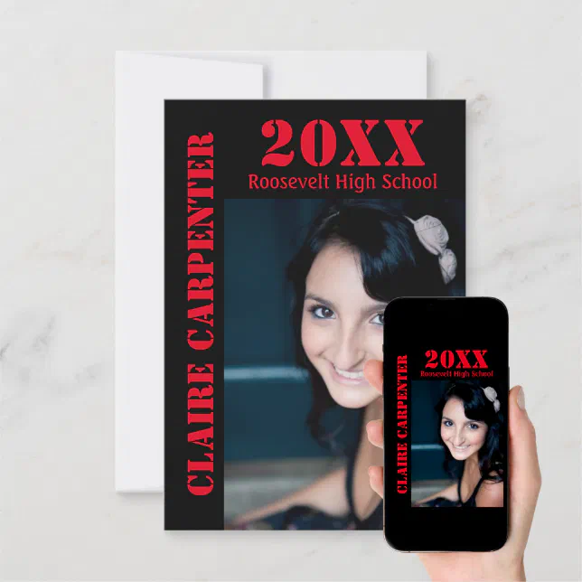 Black/Red Stencil Letters - 3x5 Grad Announcement | Zazzle