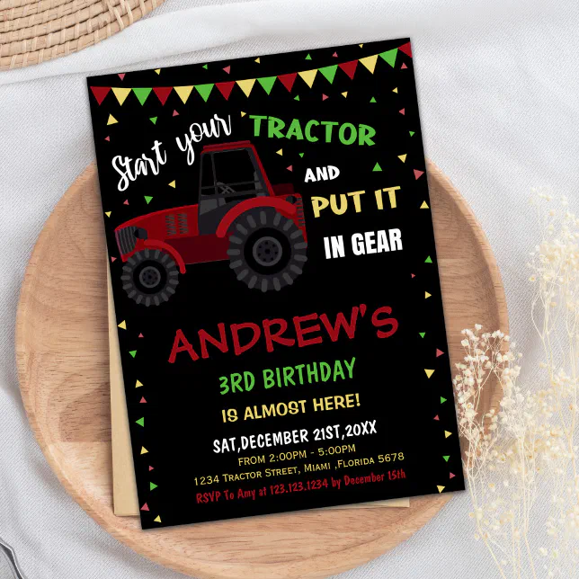 Black Red Tractor Birthday Invitations | Zazzle