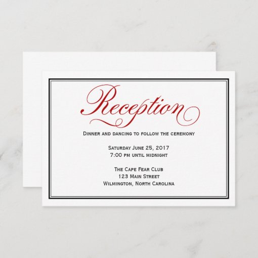 Black Red White Calligraphy Wedding Reception Card | Zazzle