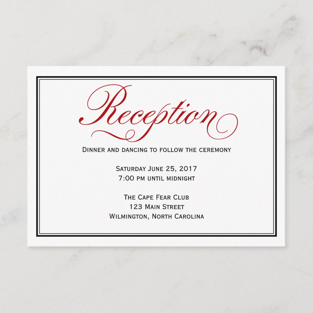 Black Red White Calligraphy Wedding Reception Card | Zazzle