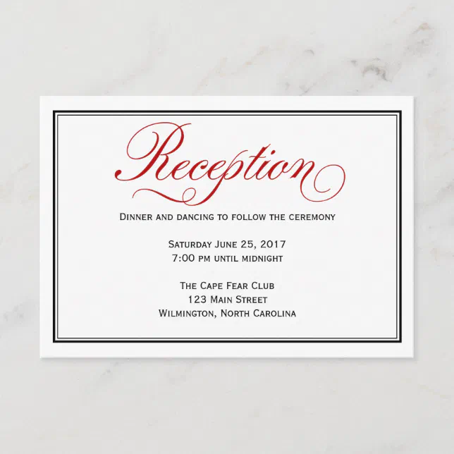 Black Red White Calligraphy Wedding Reception Card | Zazzle