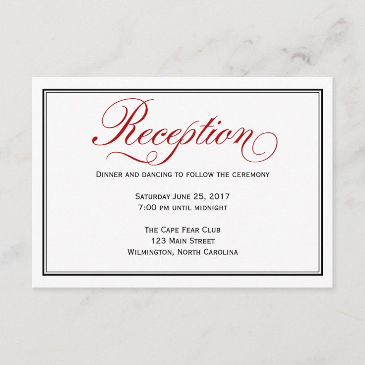 Black Red White Calligraphy Wedding Reception Card | Zazzle