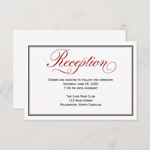 Black Red White Calligraphy Wedding Reception Card | Zazzle