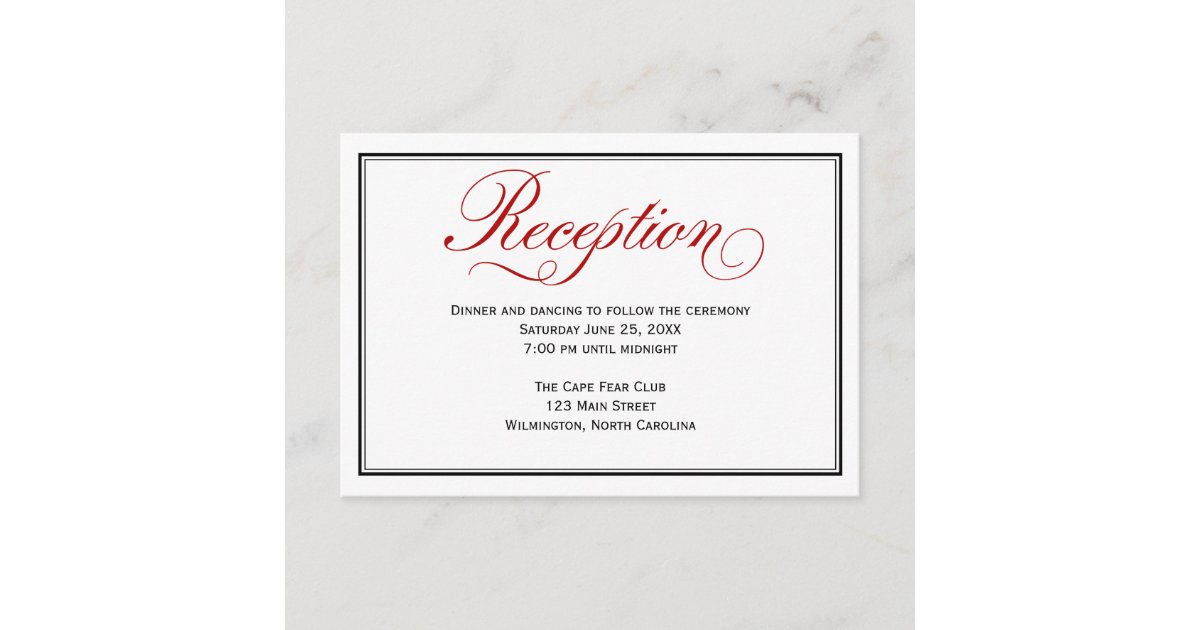 Black Red White Calligraphy Wedding Reception Card | Zazzle