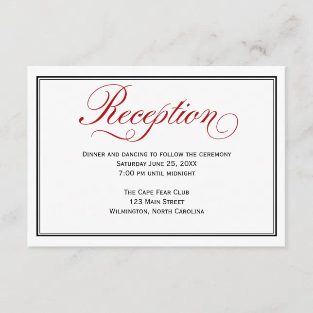 Black Red White Calligraphy Wedding Reception Card | Zazzle