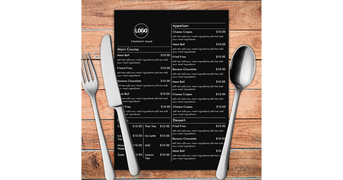Black Restaurant Table Menu Cards Flat Menu | Zazzle