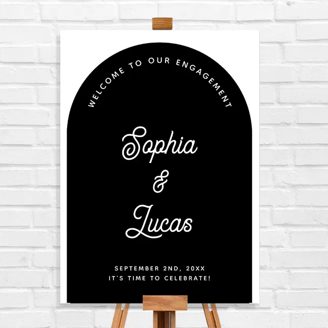 Black Retro Arch Engagement Party Welcome Sign | Zazzle