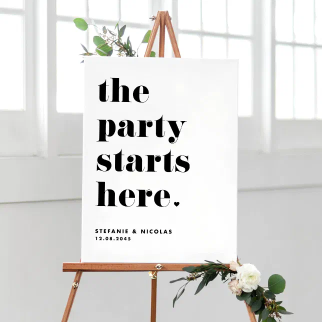 Black Retro Bold The Party Starts Here Wedding Poster | Zazzle