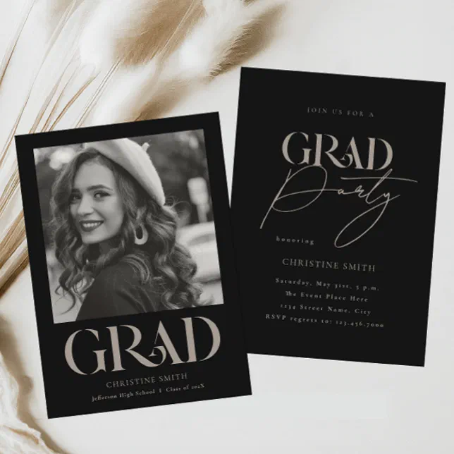 Black Retro Typography Photo Graduation Party Invitation | Zazzle