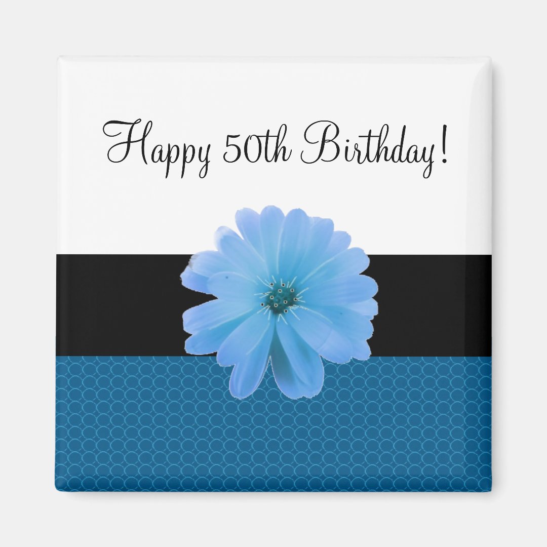 Black Ribbon Blue Flower 50th Birthday Magnet | Zazzle