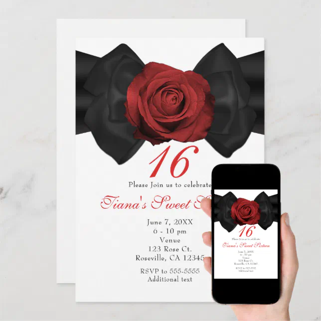 Black Ribbon Bow & Red Rose Elegant Invitations | Zazzle