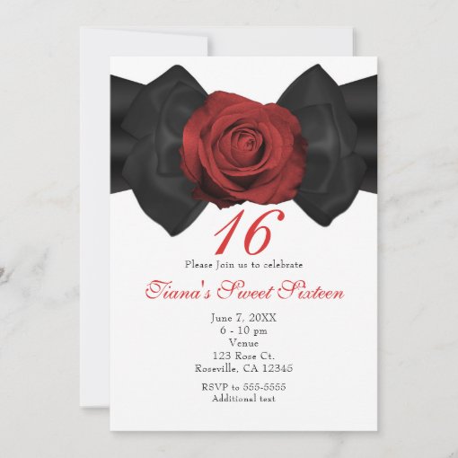 Black Ribbon Bow & Red Rose Elegant Invitations | Zazzle