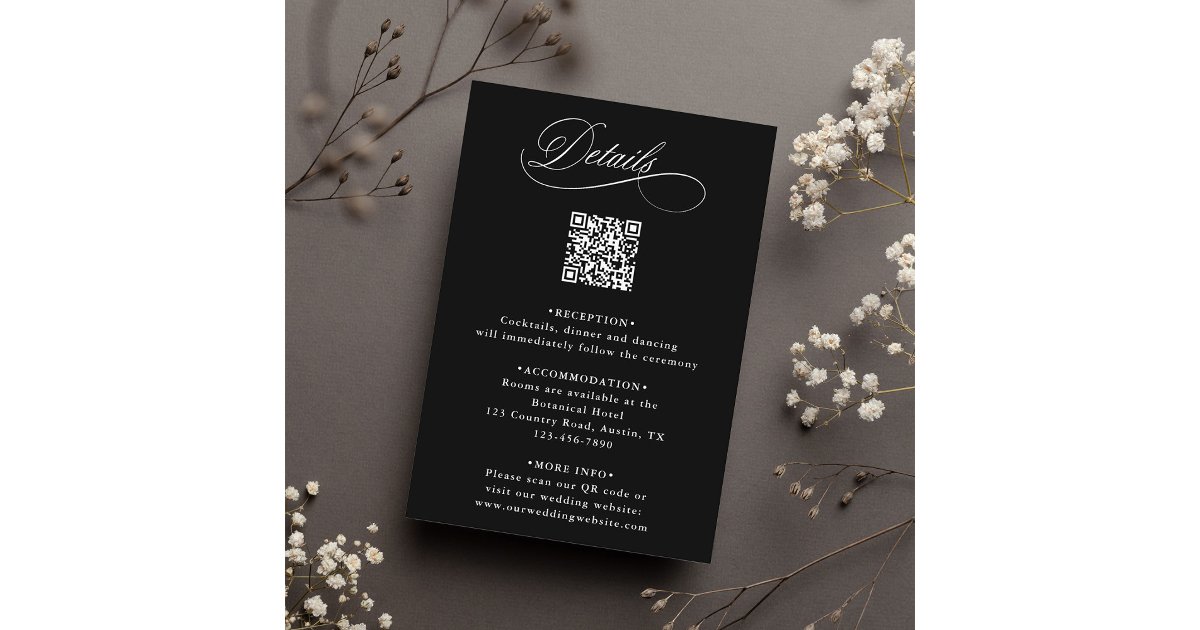 Black Romantic Calligraphy QR Code Wedding Details Enclosure Card | Zazzle