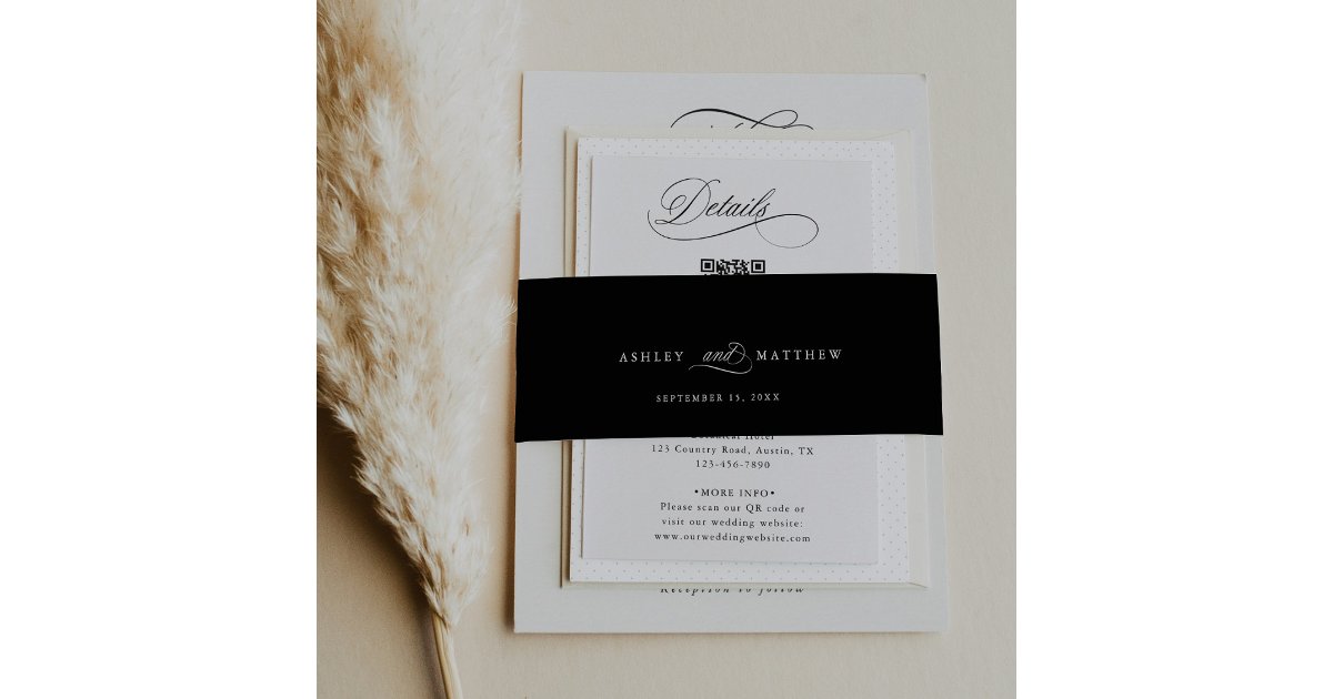 Black Romantic Calligraphy Wedding Invitation Belly Band | Zazzle