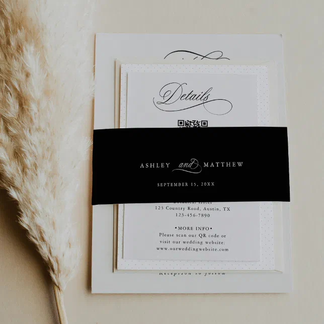 Black Romantic Calligraphy Wedding Invitation Belly Band | Zazzle