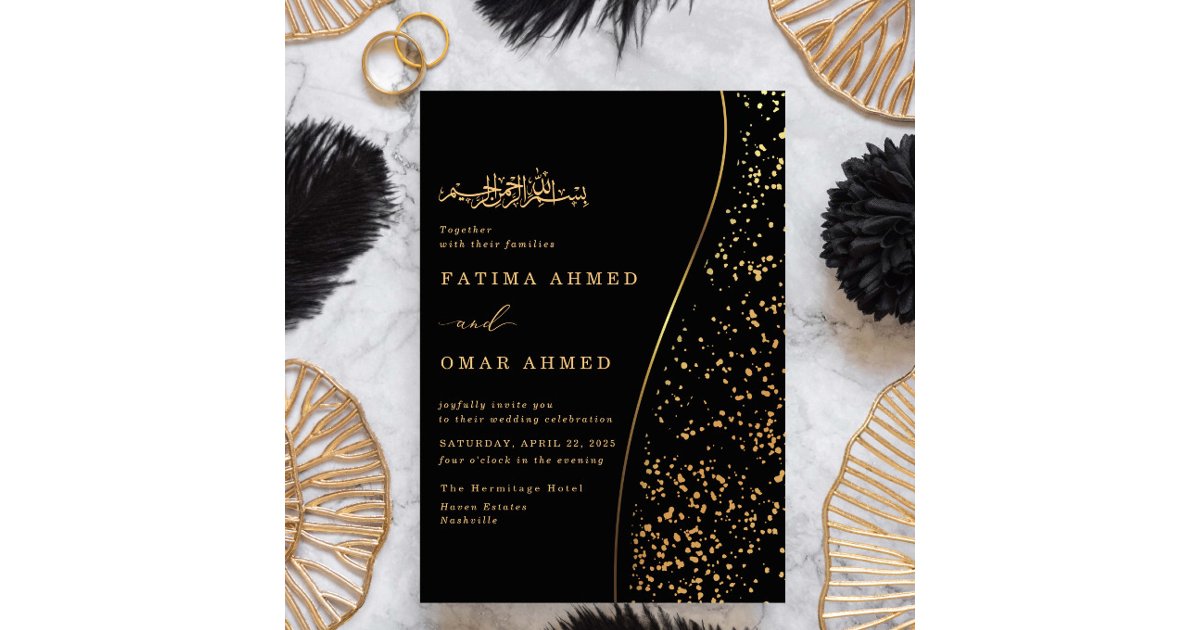 Black Romantic Gold Glitter Islamic Muslim Wedding Invitation | Zazzle