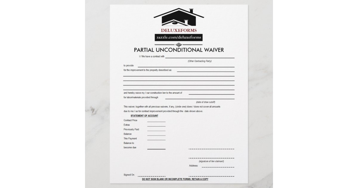 Black Roof Partial Unconditional Waiver Form | Zazzle