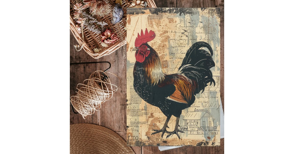 Black Rooster Chicken Farm Animal Decoupage Tissue Paper | Zazzle