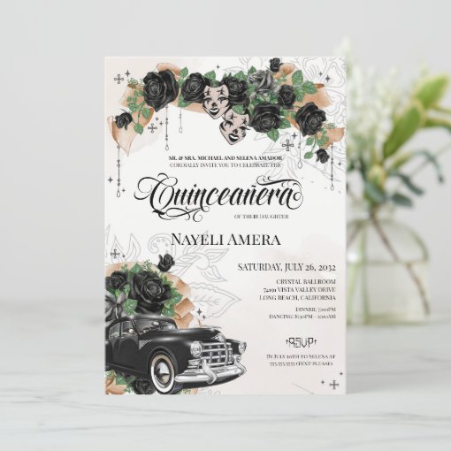Black Rose Classic Lowrider Oldies Chola Quince Invitation | Zazzle