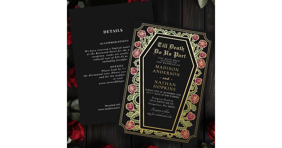 Black Rose Coffin Gothic Wedding All in one Foil Invitation | Zazzle