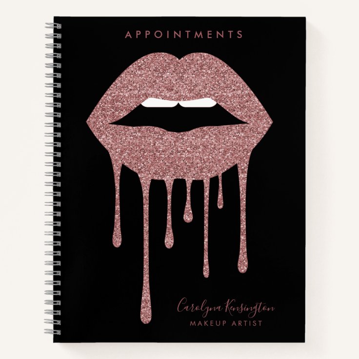 Black Rose Gold Dripping Glitter Lips Makeup Notebook | Zazzle