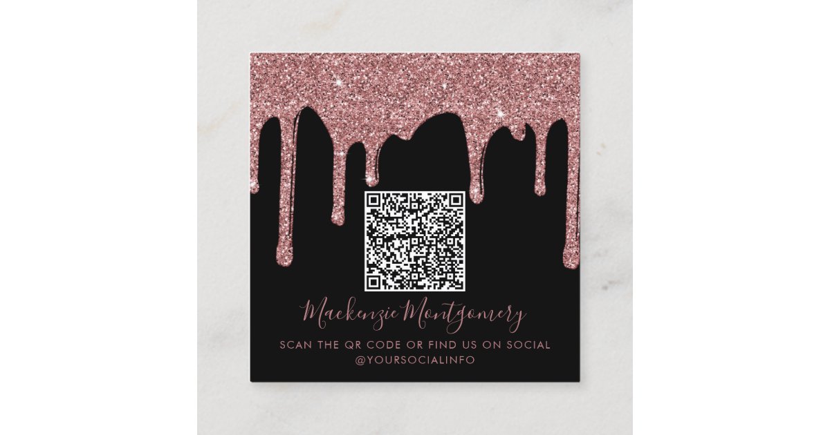 Black Rose Gold Dripping Glitter QR Code Square Business Card | Zazzle