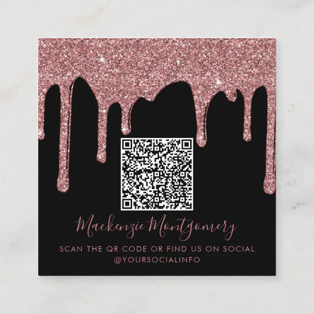 Black Rose Gold Dripping Glitter QR Code Square Business Card | Zazzle