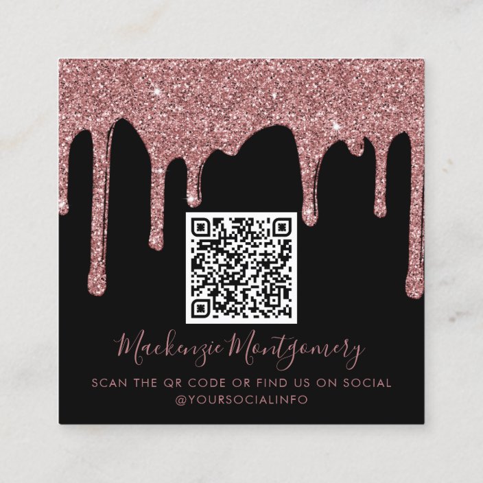 Black Rose Gold Dripping Glitter QR Code Square Business Card | Zazzle.com
