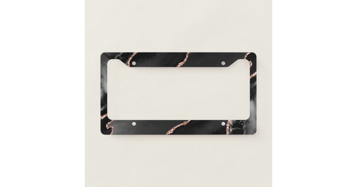 Black & Rose Gold Faux Glitter Agate License Plate Frame | Zazzle