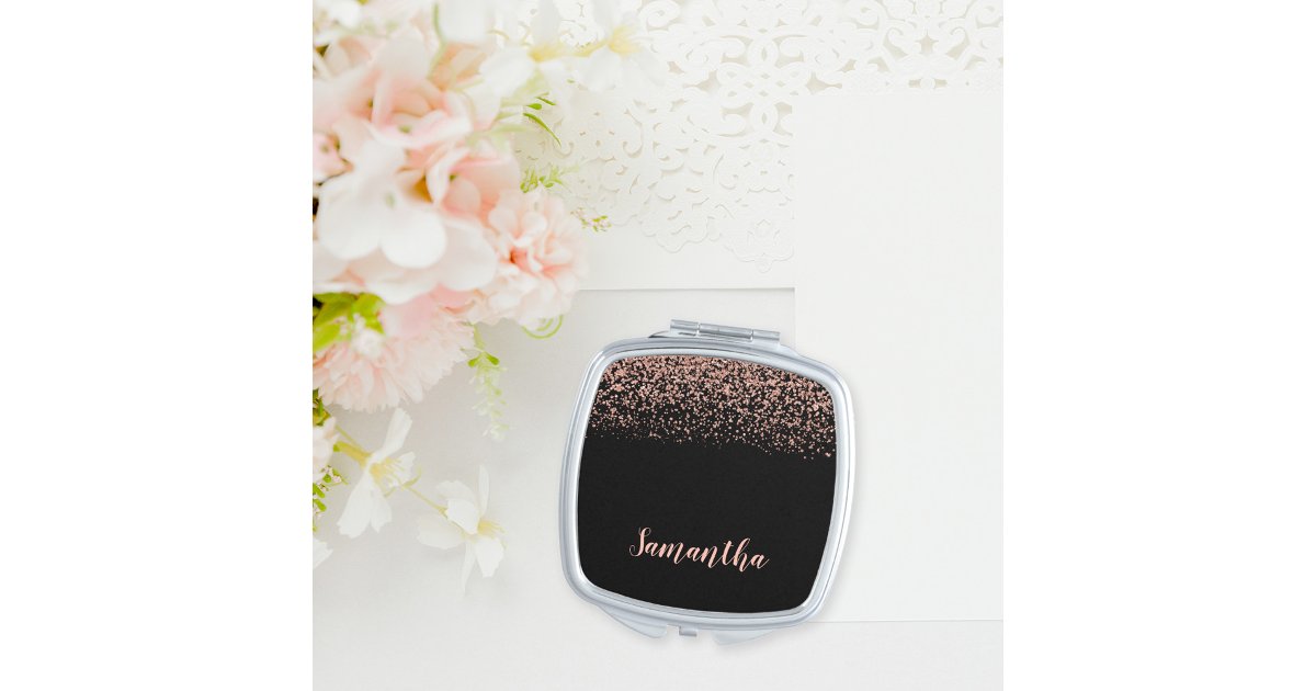 Black Rose Gold Faux Glitter Personalized Compact Mirror | Zazzle