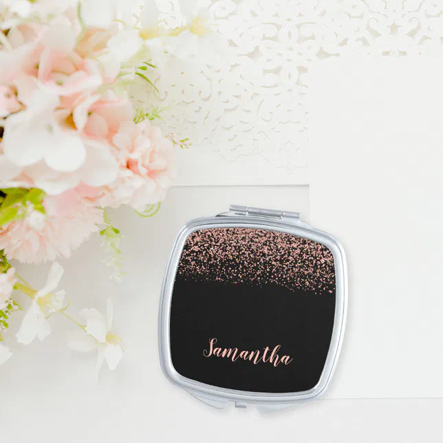 Black Rose Gold Faux Glitter Personalized Compact Mirror | Zazzle
