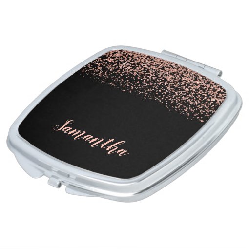 Black Rose Gold Faux Glitter Personalized Compact Mirror | Zazzle