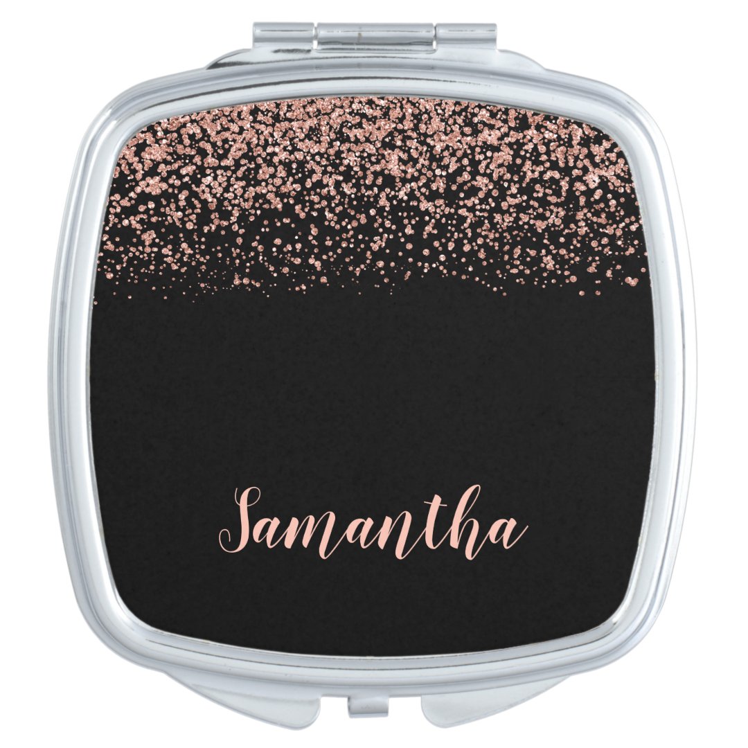 Black Rose Gold Faux Glitter Personalized Compact Mirror | Zazzle