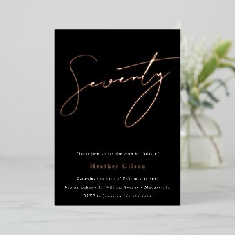 Black & Rose Gold Foil Script 70th Birthday Party Foil Invitation | Zazzle