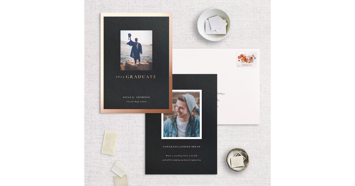Black Rose Gold Frame Graduation Announcement Card | Zazzle