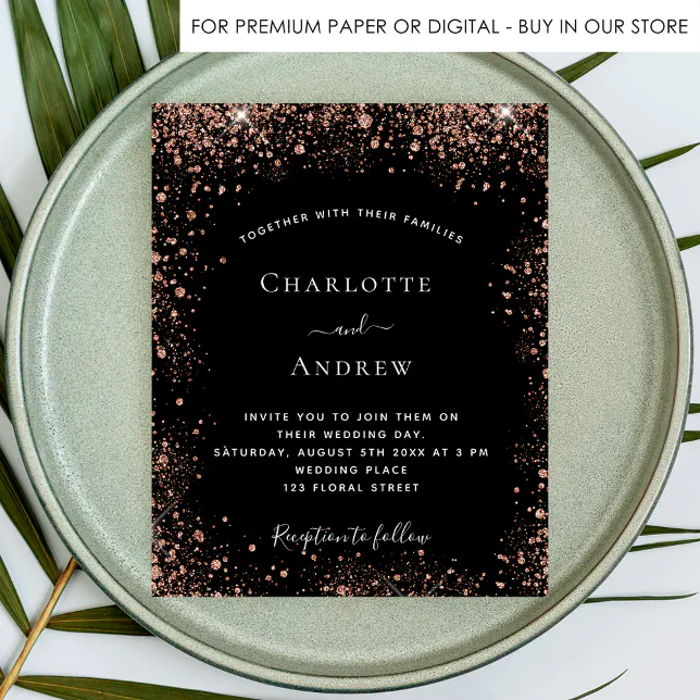 Black rose gold glitter budget wedding invitation flyer | Zazzle