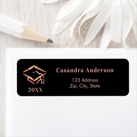 Black rose gold graduation cap return address label | Zazzle.com