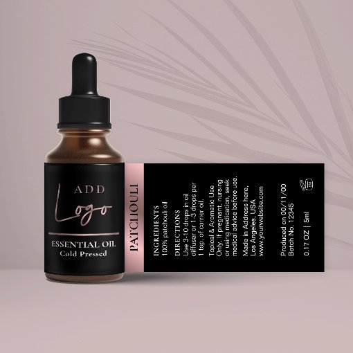 Black & Rose Gold Logo Essential Oil Small Bottle Label | Zazzle