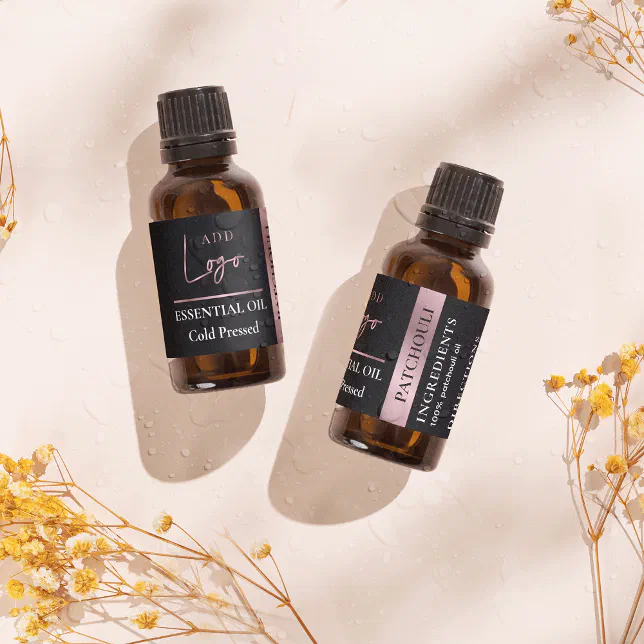 Black & Rose Gold Logo Essential Oil Waterproof Labels | Zazzle