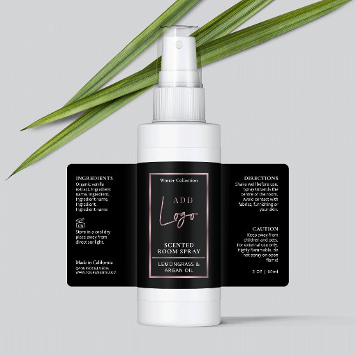 Black & Rose Gold Logo Room Spray Bottle Label | Zazzle