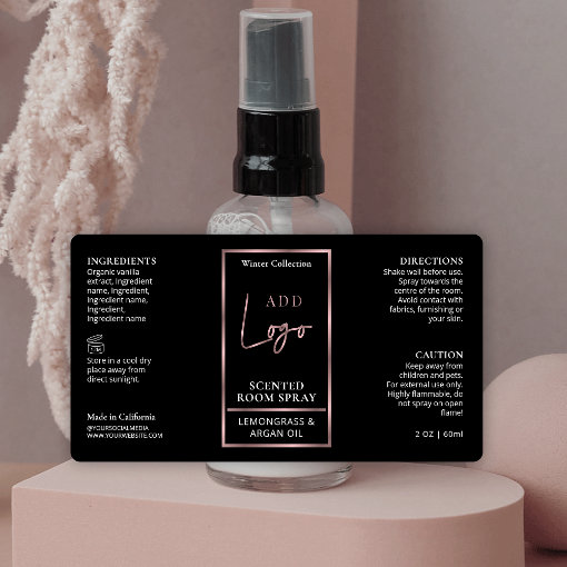 Black & Rose Gold Logo Room Spray Bottle Label | Zazzle