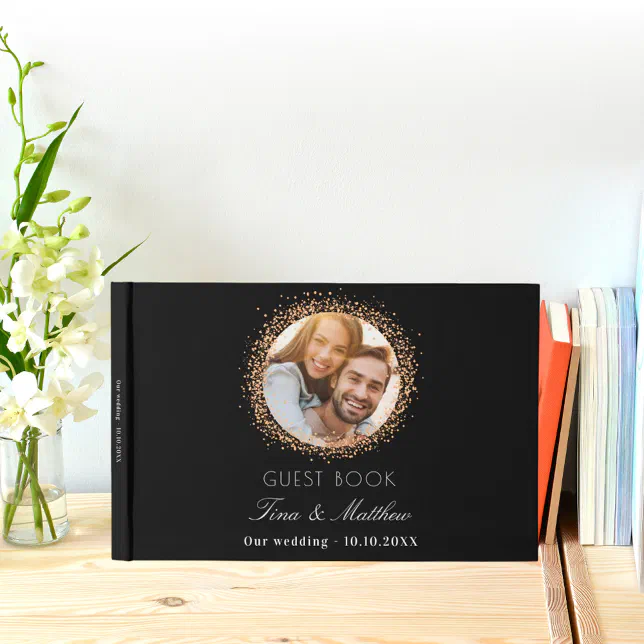 Black rose gold photo sparkles elegant wedding guest book | Zazzle