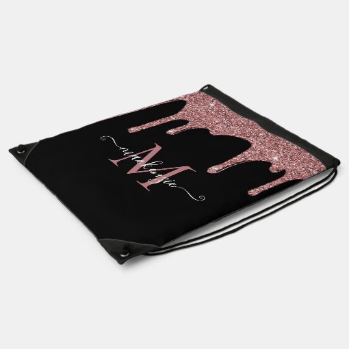 Black Rose Gold Sparkle Glitter Drips Monogram Drawstring Bag | Zazzle