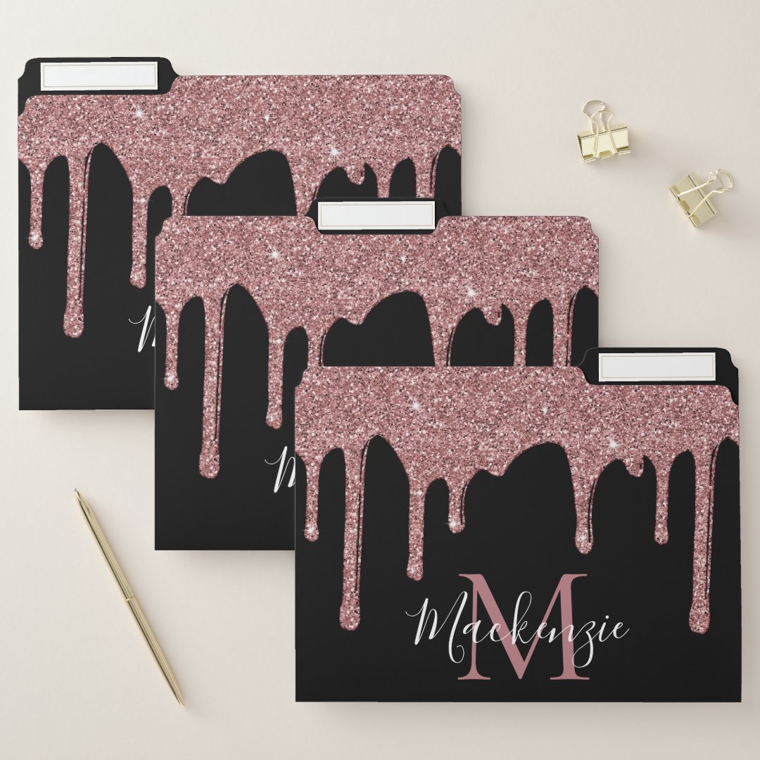 Black Rose Gold Sparkle Glitter Drips Monogram File Folder | Zazzle
