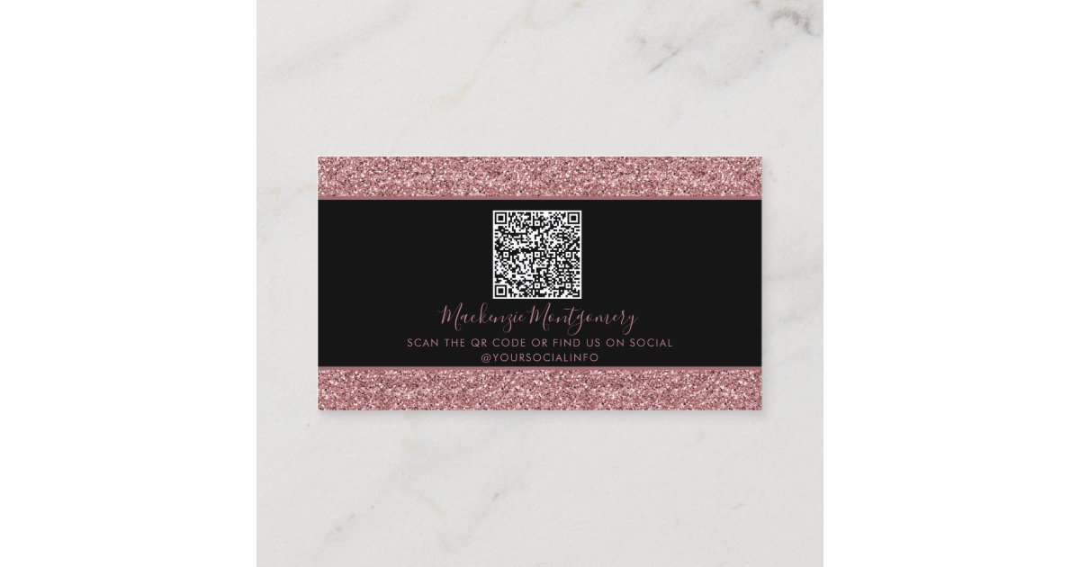 Black Rose Gold Sparkle Glitter Drips QR Code Business Card | Zazzle
