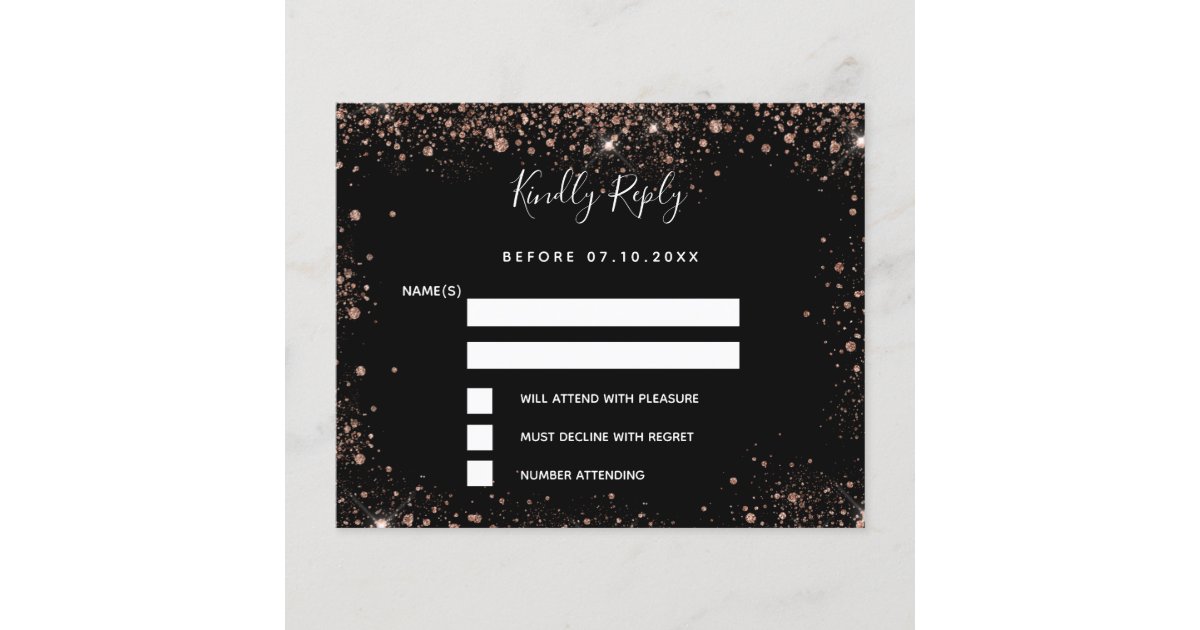 Black rose gold sparkles budget wedding RSVP Flyer | Zazzle
