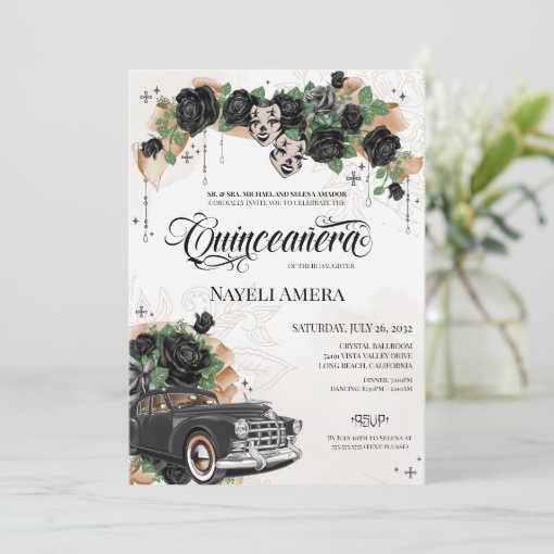 Black Roses Chicana Classic Lowrider Car Quince Invitation | Zazzle
