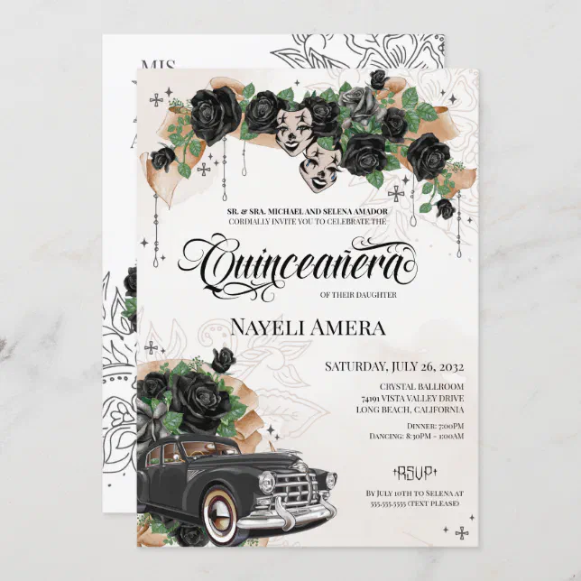 Black Roses Chicana Classic Lowrider Car Quince Invitation | Zazzle